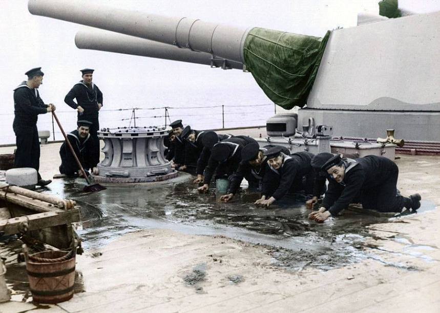 British Navy Battleship Sailors scrubbing holystoning Bridge HMS Royal ...