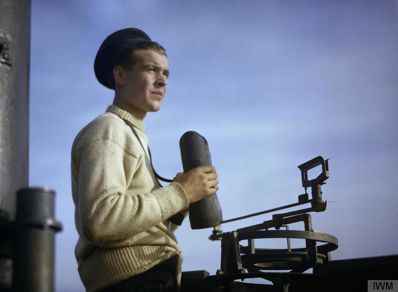 Asdic rating, Leading Seaman Walker, on the bridge of HMS TRIBUNE ...