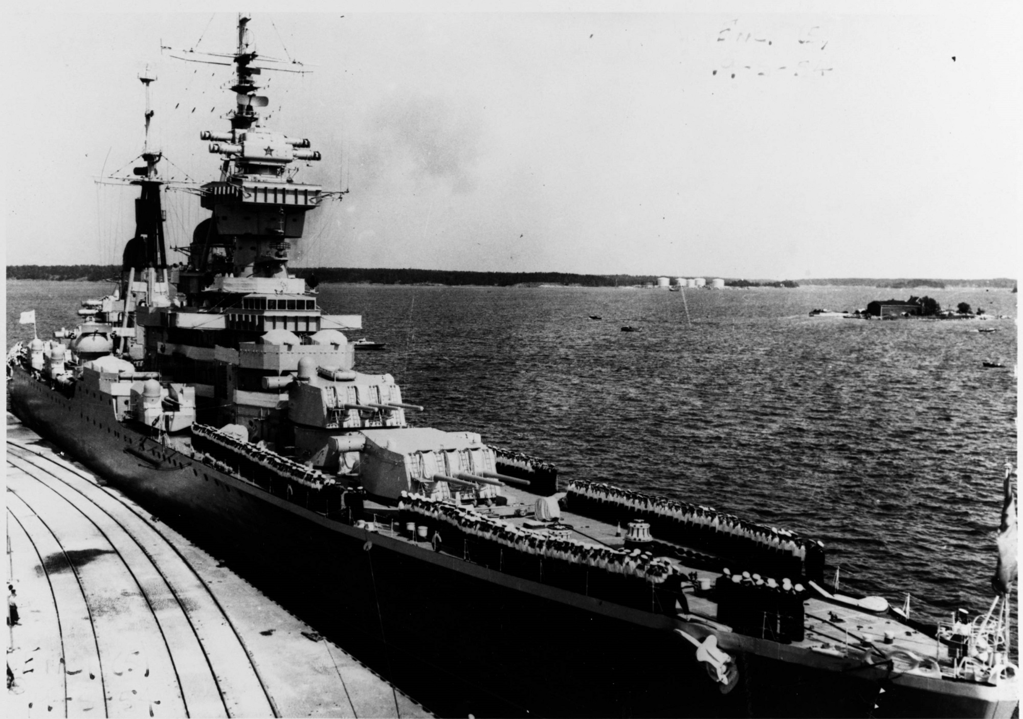 Soviet Cruiser ORDZHONIKIDZE in July 1954, while conducting a port ...