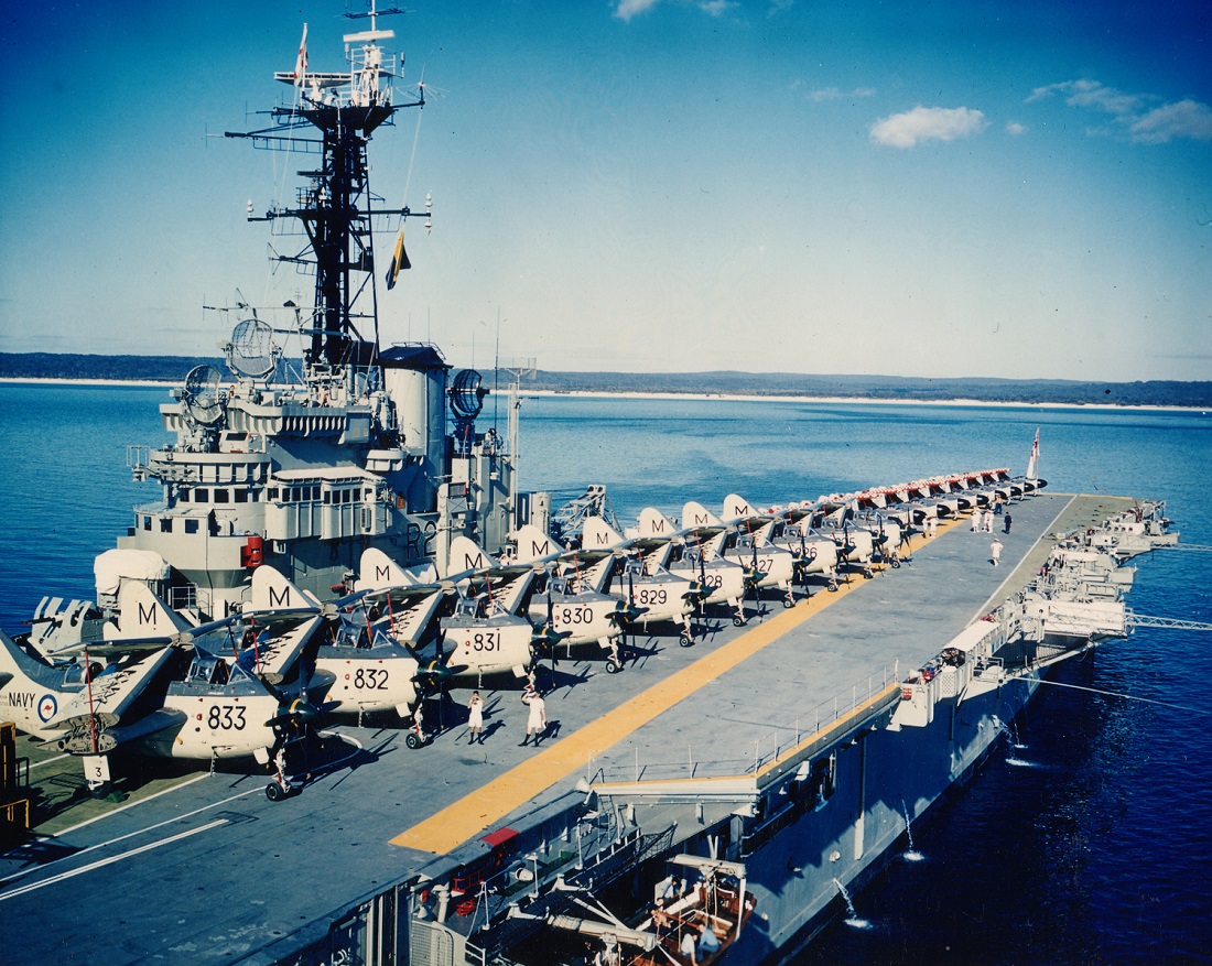 HMAS Melbourne (II) with Gannets and Sea Venoms ranged on deck ...