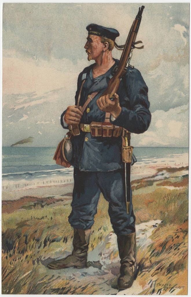 color-image-on-a-postcard-showing-a-german-sailor-on-a-beach-carrying-a ...