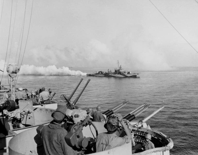 crew battleship USS West Virginia (BB-48) watch as destroyer USS Cony ...
