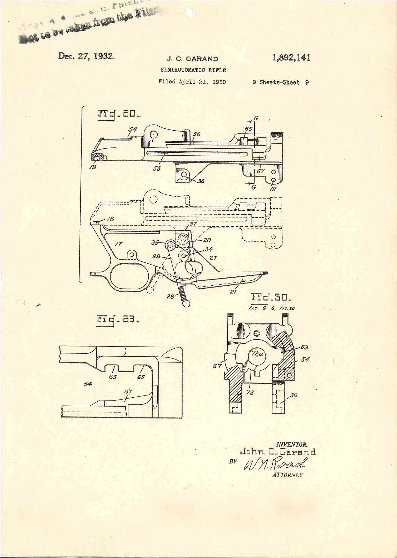 Patent Case File No. 1,892,141, Semi-Automatic Rifle, Inventor John C ...