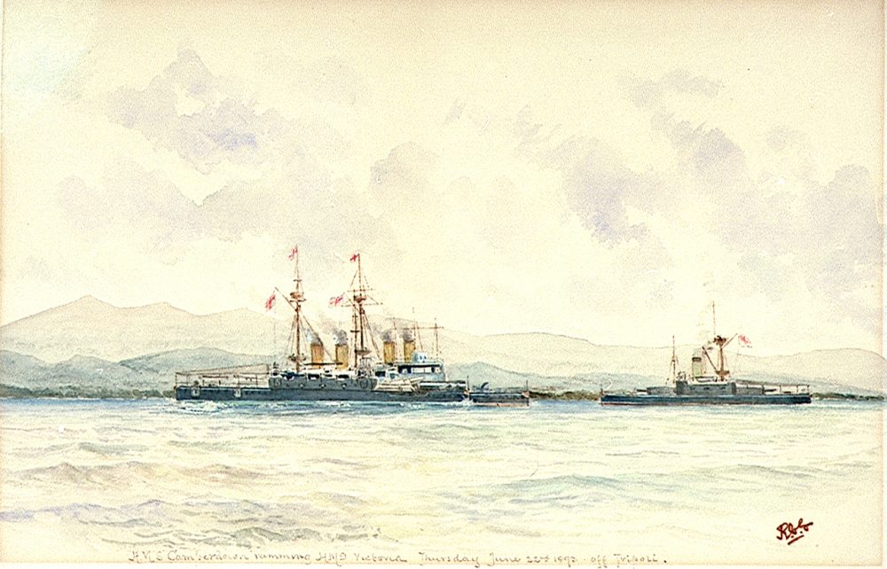 HMS Victoria (1888) in a collision with the Admiral Class battleship ...