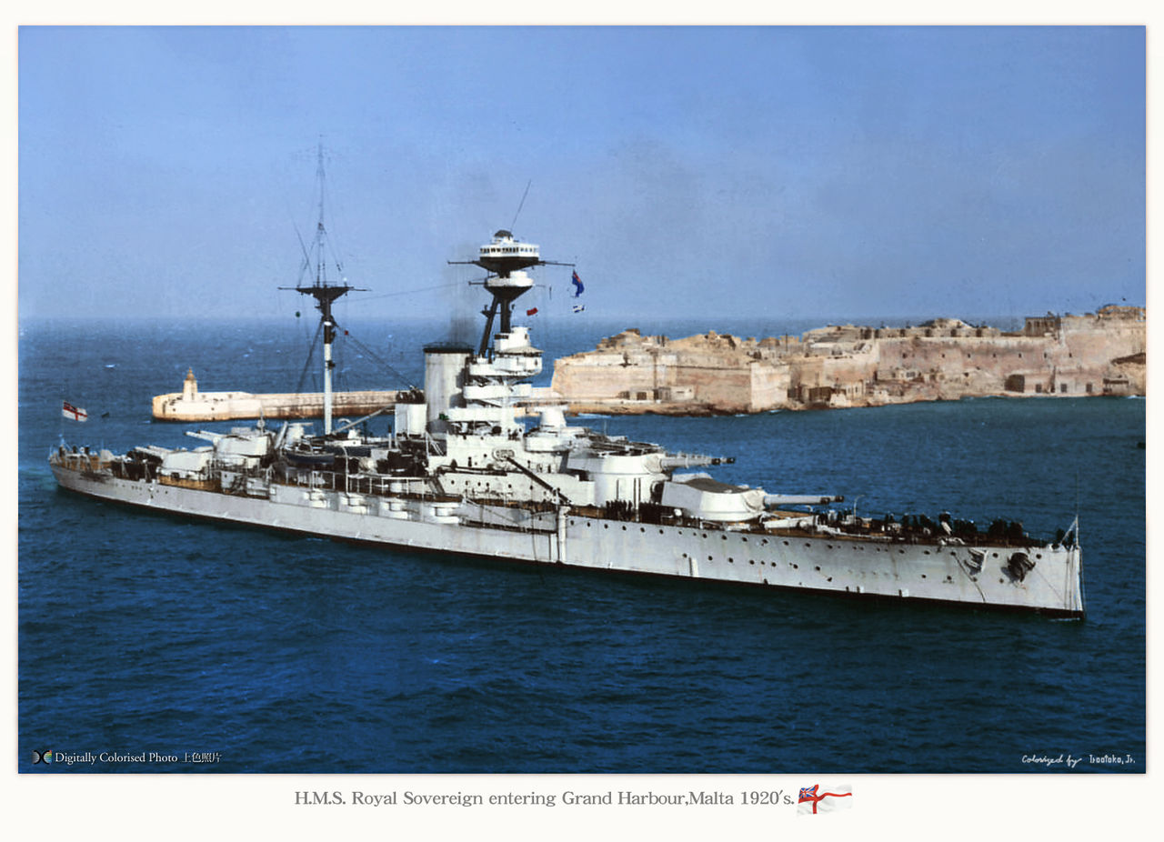 Royal Navy Revenge-class battleship HMS Royal Sovereign entering the ...