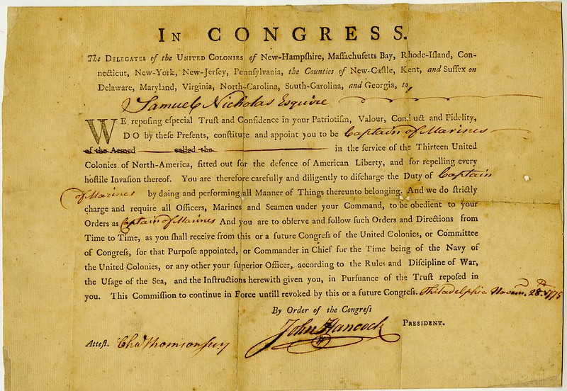Commission of Samuel Nicholas, First Marine Corps Officer John Hancock ...