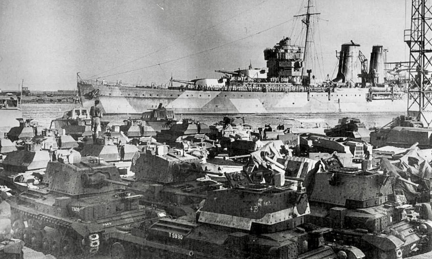 HMS York Alexandria 1940. In the foreground, Cruiser Mk II and Mk VAT ...