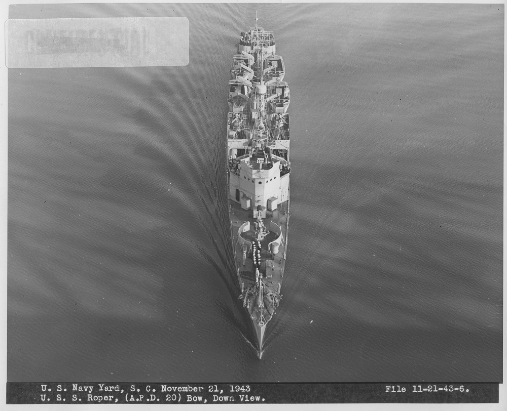 US Navy Yard, SC, November 21, 1943. USS Roper, (APD-20) Bow, Down View ...