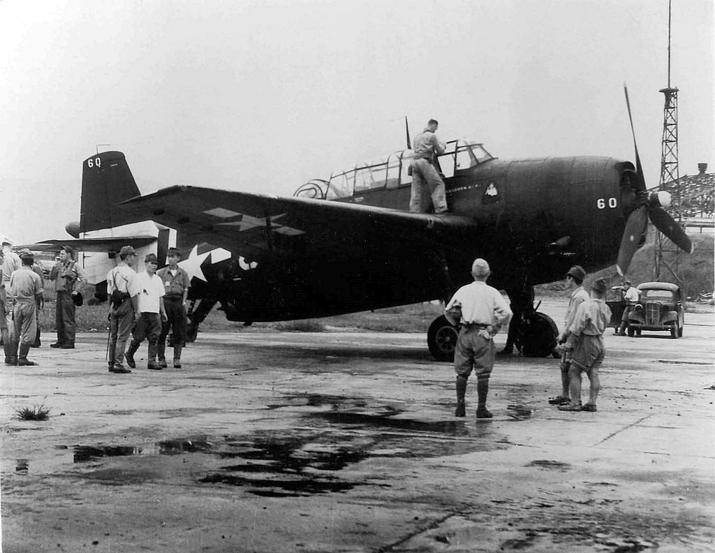 TBM-3 Avenger no 60 of VMTB-233, at Matsuyama Airfield on Formosa 5 ...