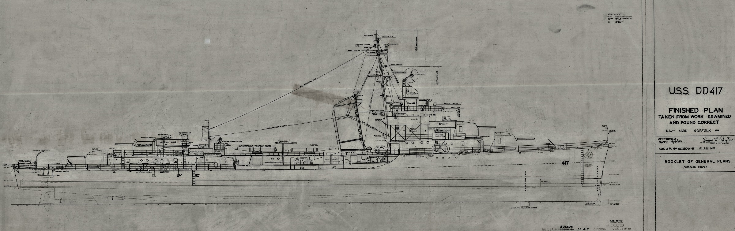 USS Morris (DD-417) Booklet of General Plans – Outboard Profile Mare ...