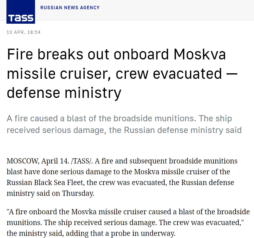 Moskova (Slava) confirmed sunk, prepare the lasers ...