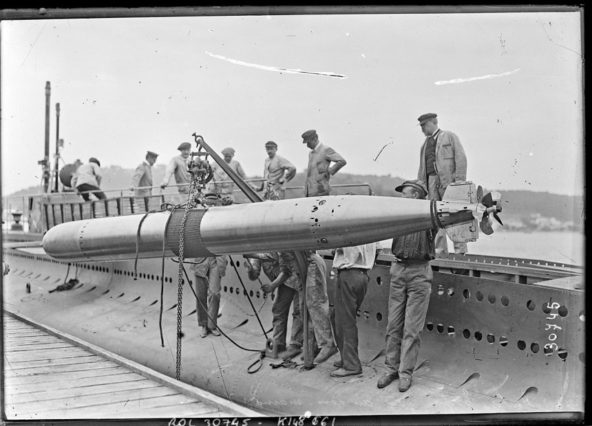 Loading of torpedo on Greek submarine Xiphias 26 June 1913 Bibliothèque ...