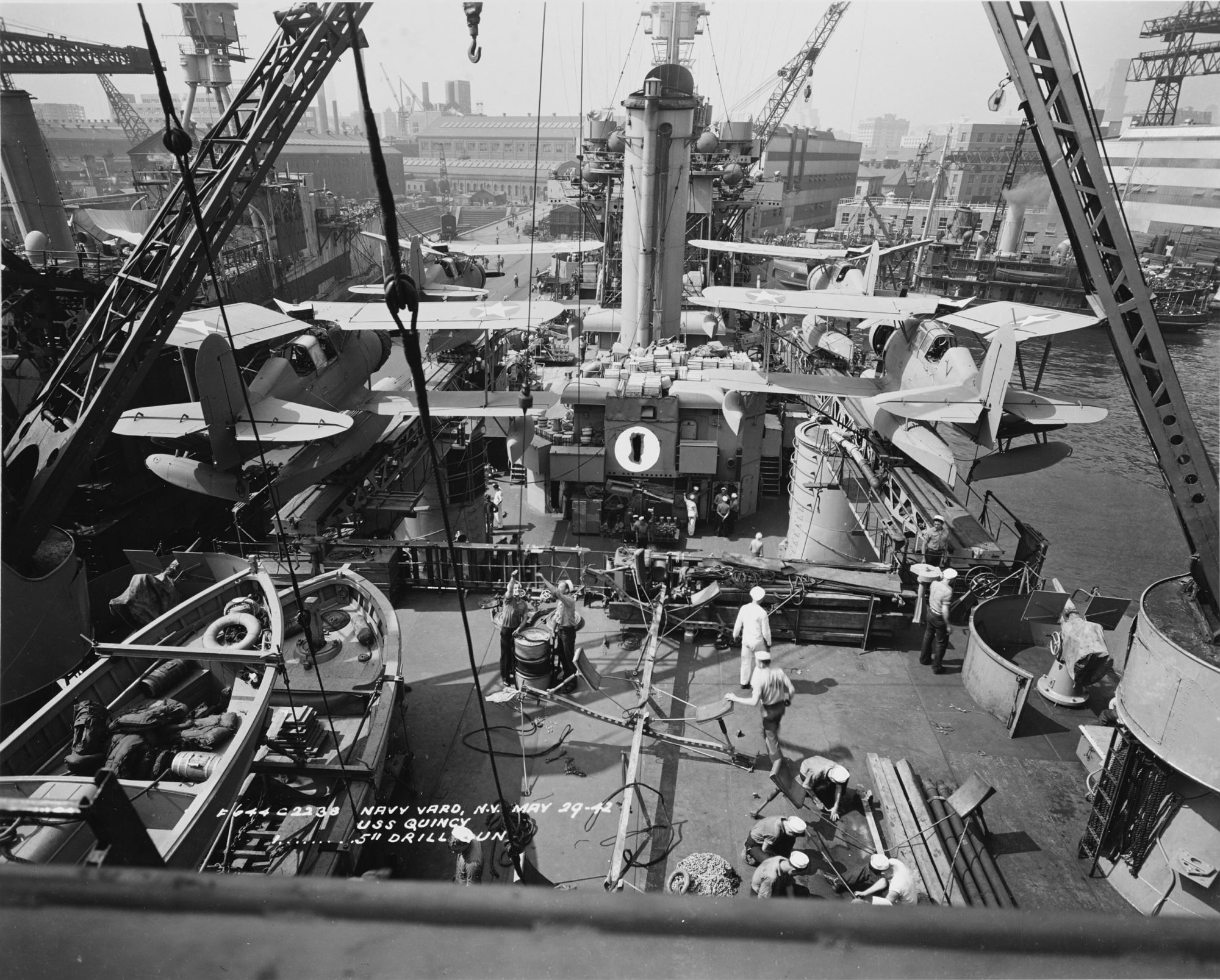 New Orleans class mate USS Quincy (CA-39) Seagulls floatplanes hangar ...