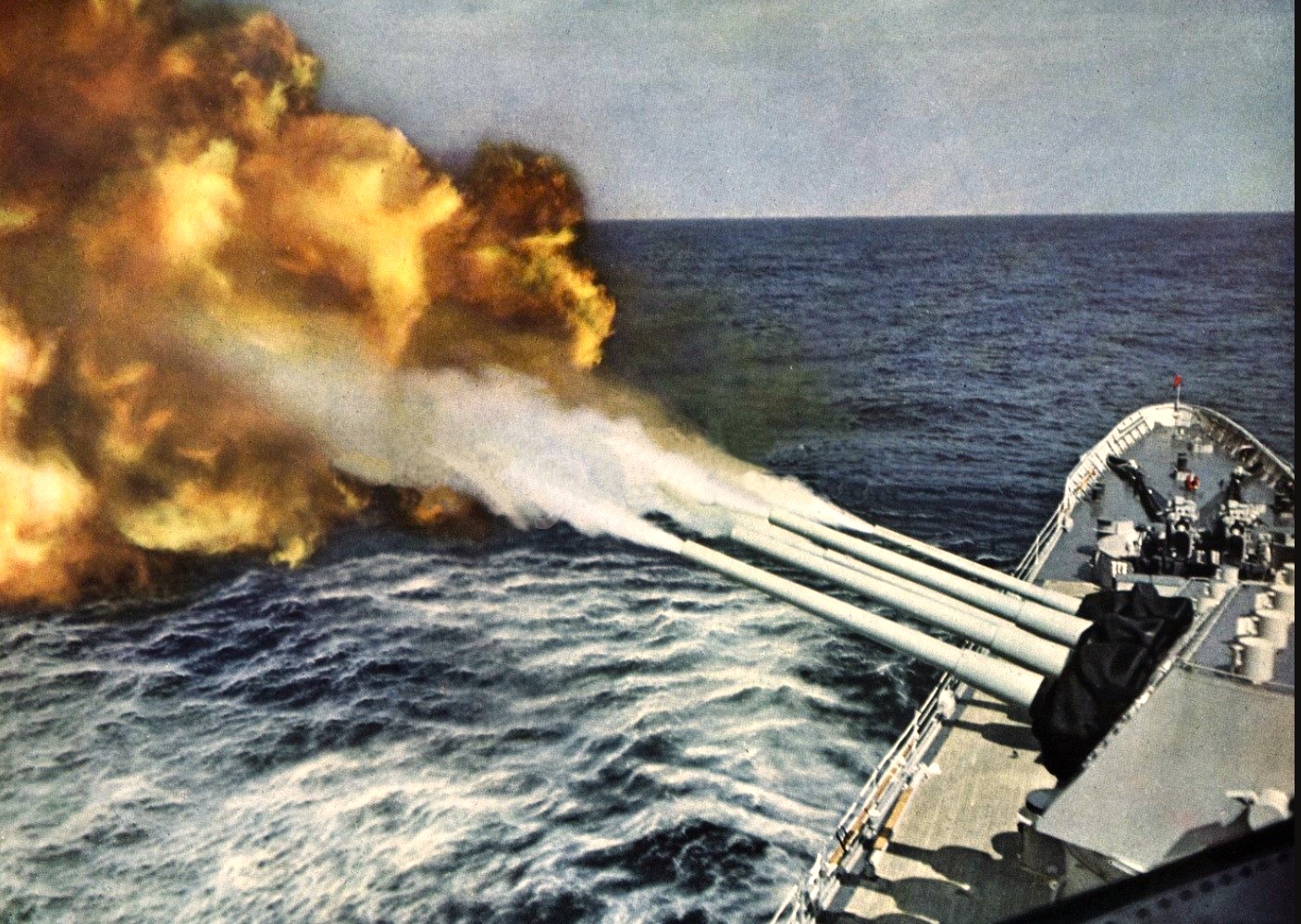 USS Toledo (CA-133) firing her forward 203 mm guns, circa 1958 ...