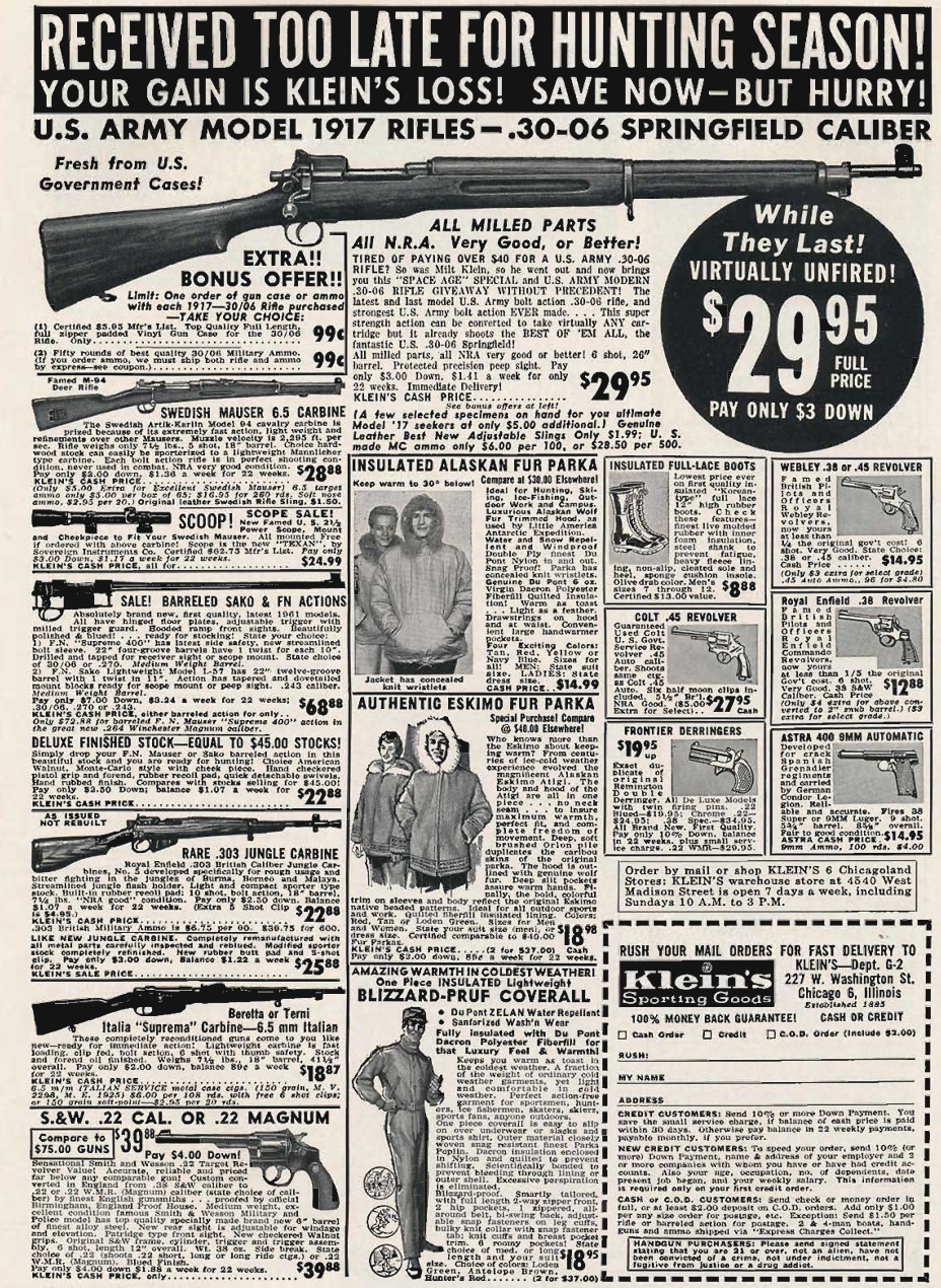Klein Ad Feb 1961 M1917 Swedish Mauser Astra Sako FN Terni ...
