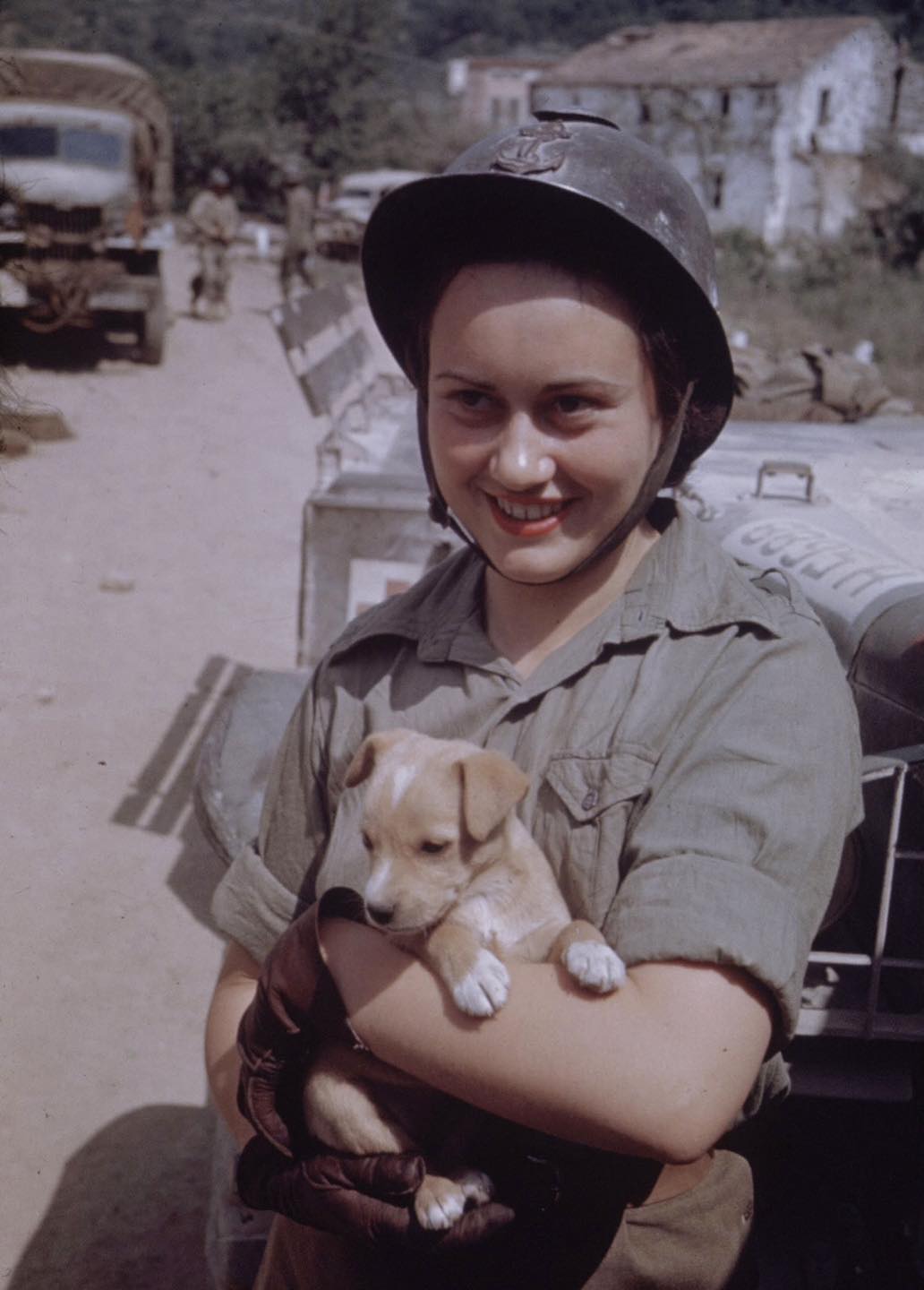Puppy held by a Female Personnel with the Free French Army in Italy ...
