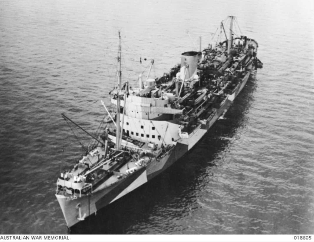 HMAS Kanimbla as landing ship infantry (LSI) circa 1944-45. AWM 018605 ...