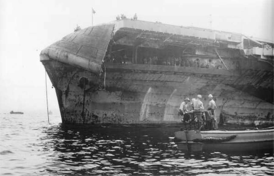 Damage from Typhoon Connie to USS Bennington as seen after the ship’s ...