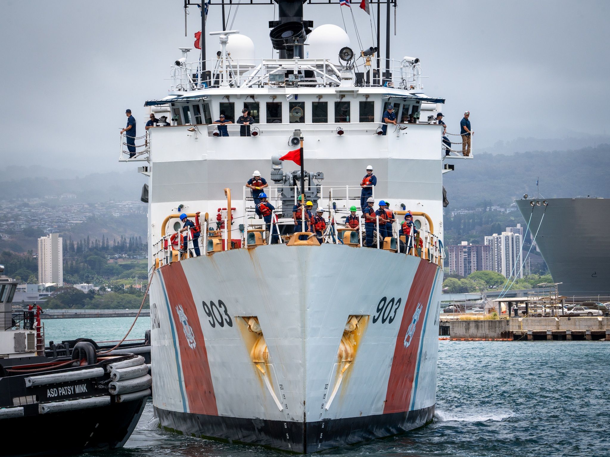 USCGC Harriet Lane (WMEC 903) prepare to moor the cutter on Joint Base Pearl Harbor-Hickam in ...