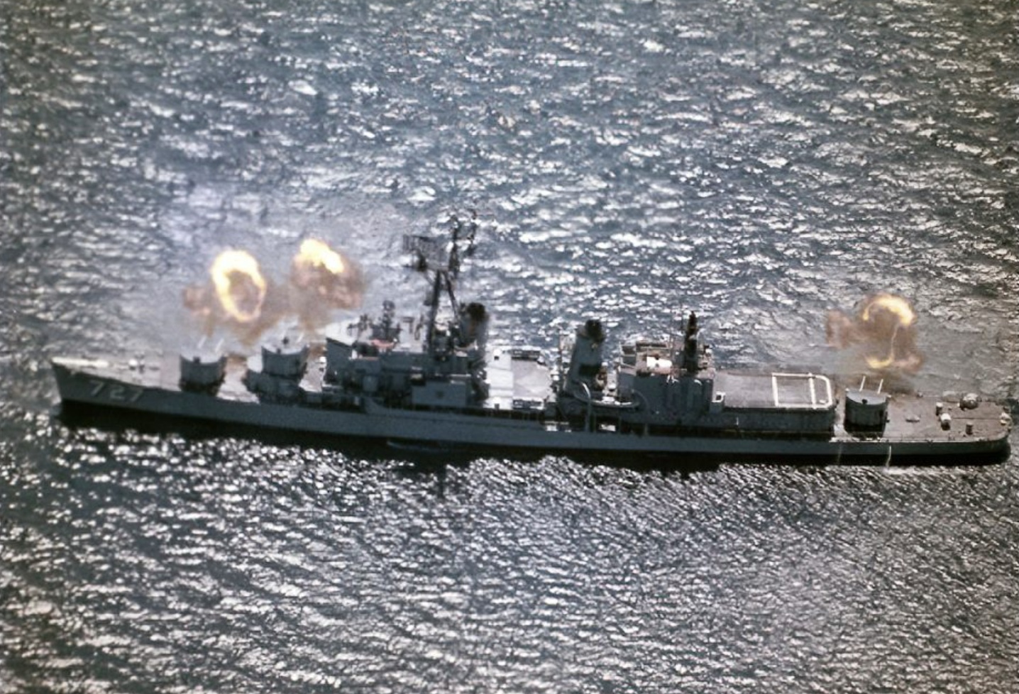 USS DeHaven DD 727 giving naval gun fire support near DMZ 1966 ...